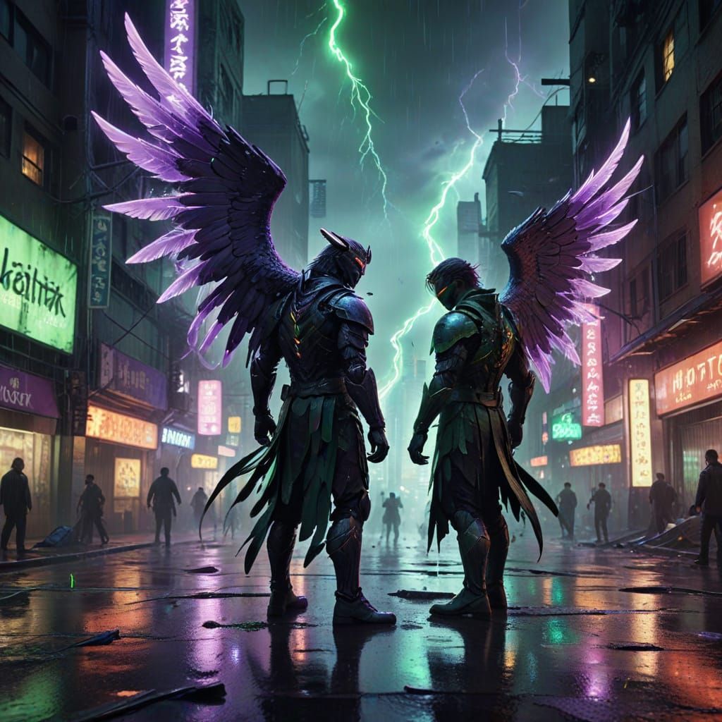 Cyberpunk Angels and Demons Engage in a Futuristic... - AI Art