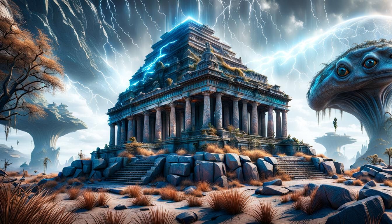 Full 3d hyperdetailed hologram of a hyperdetailed alien ruins, with ...