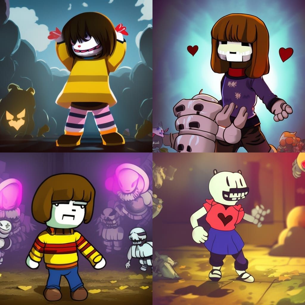 Realistic Undertale Frisk with heart surrounded by attacking monsters ...