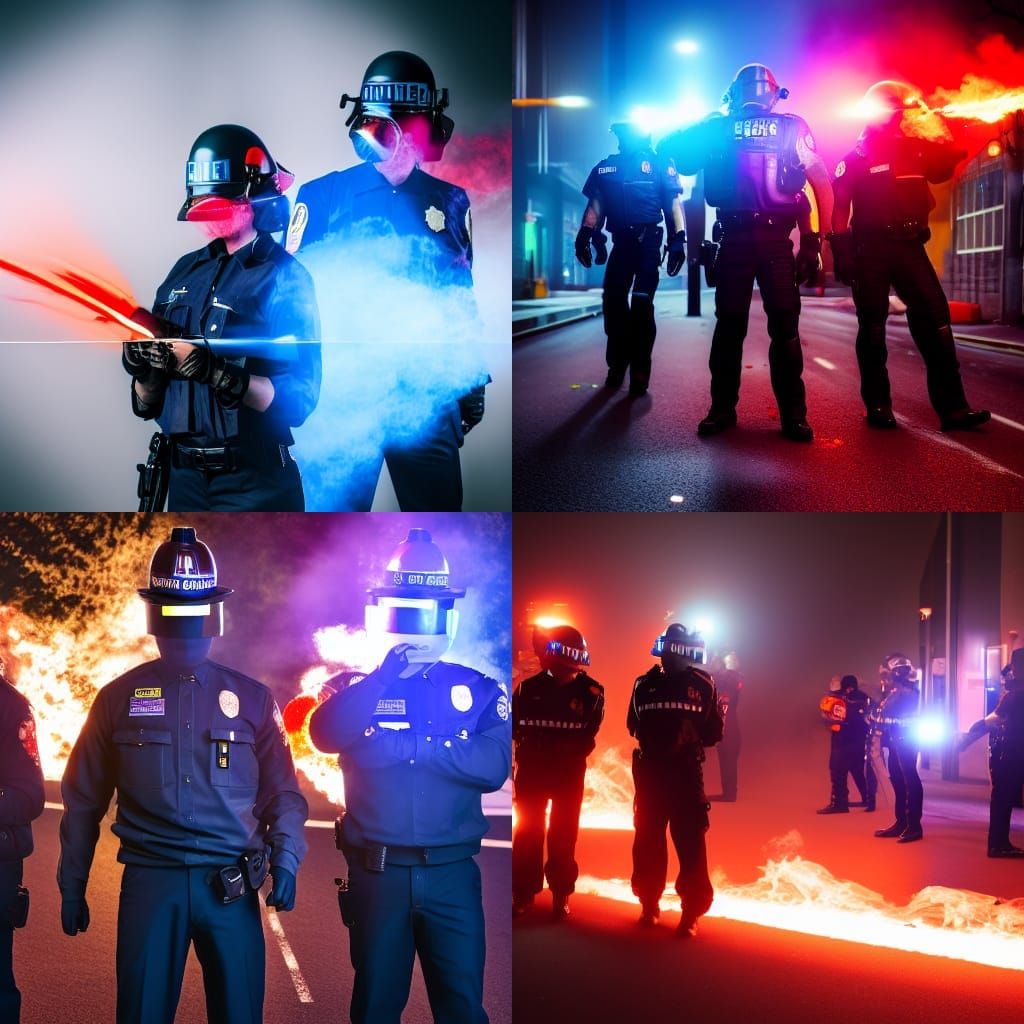 Cybernetic Police Officers containing a firey riot, red and blue ...