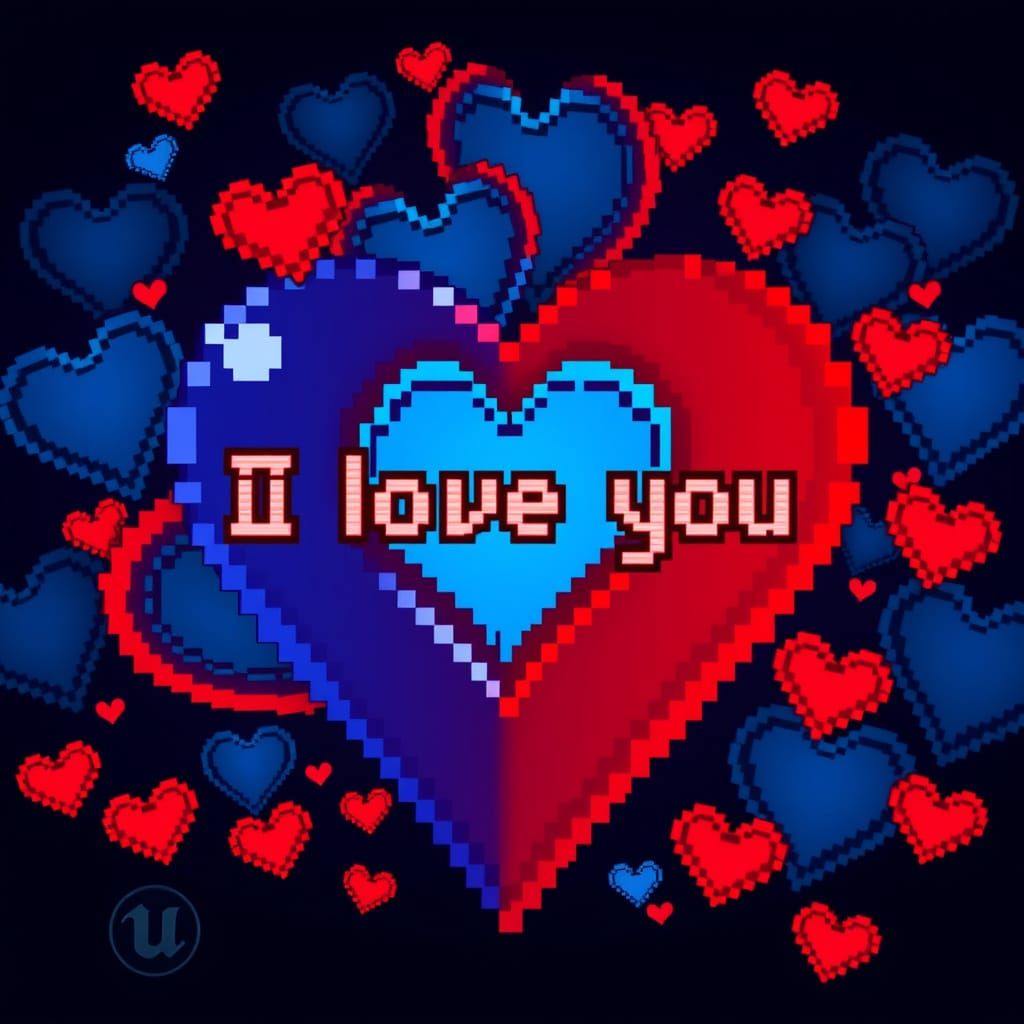Intertwined Pixel Hearts in Vibrant Blue and Red, ... - AI Art