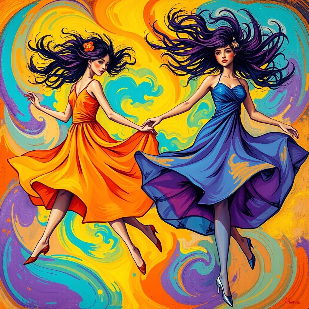 Dancing Girls in Vibrant Complementary Colors - AI Art