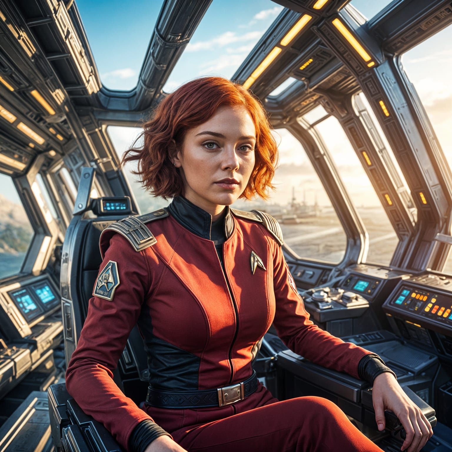 red haired young woman with wavy bob, starfleet uniform, sitting in ...
