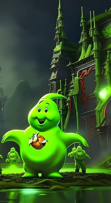 Ghostbusters with slimmer, the green slime ghost, a masterpiece, 8k ...