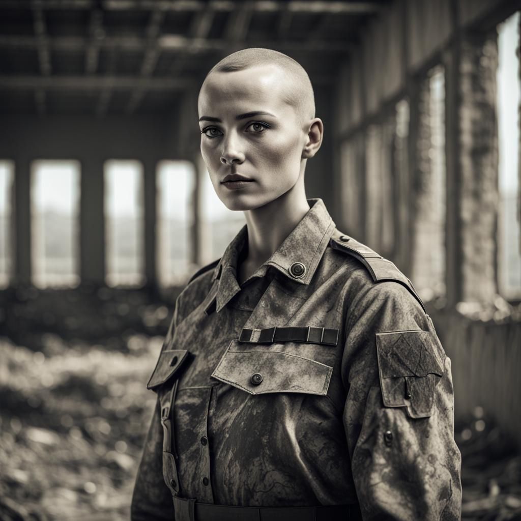 woman with shaved head and wearing a camouflaged uniform in a bleak ...