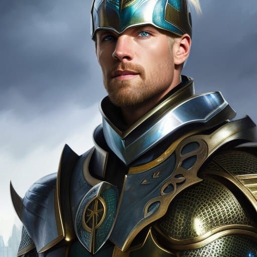 Fantasy attractive male blond human knight portrait, green eyes, blue ...