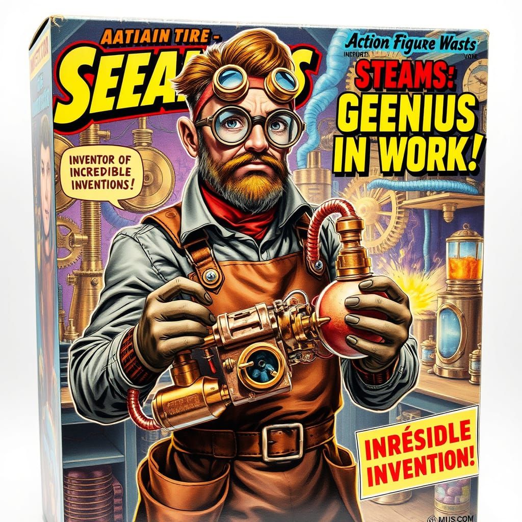 Steampunk Inventor Action Figure Box Art - AI Art