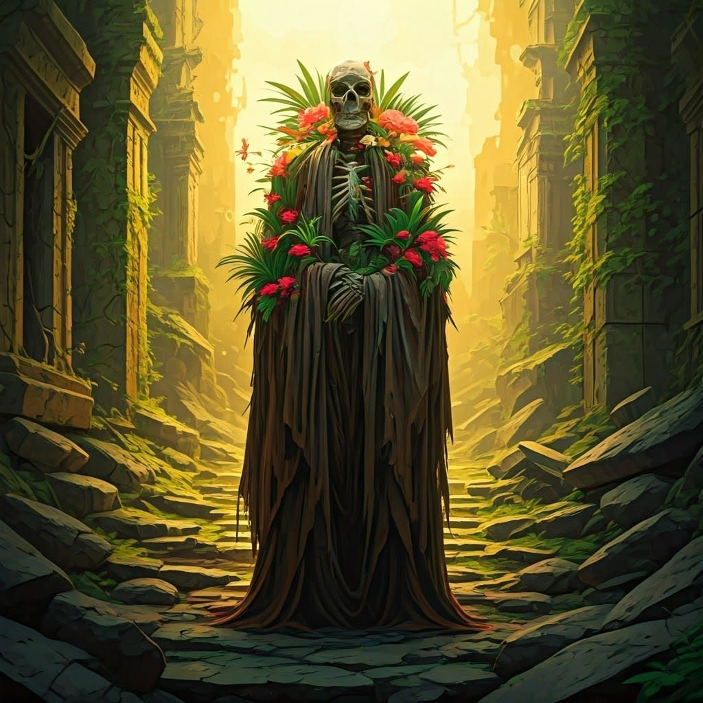 An ancient skeleton with vegetation and flowers growing from it, the ...