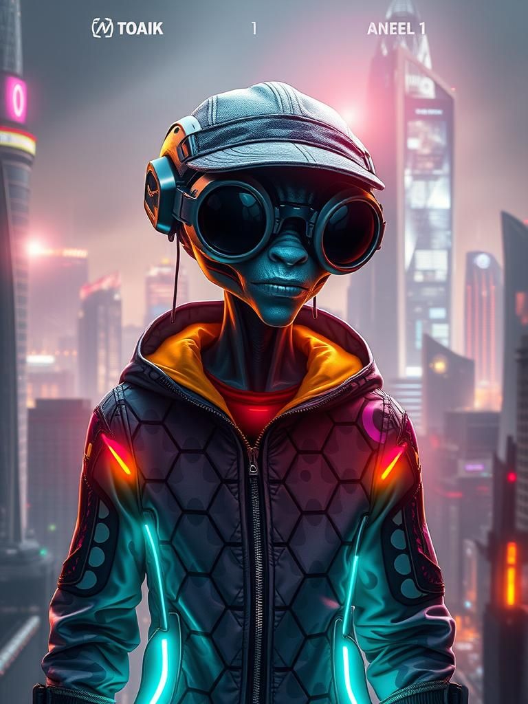 Cyberpunk Alien in Hipster Attire Glows Against Dy... - AI Art