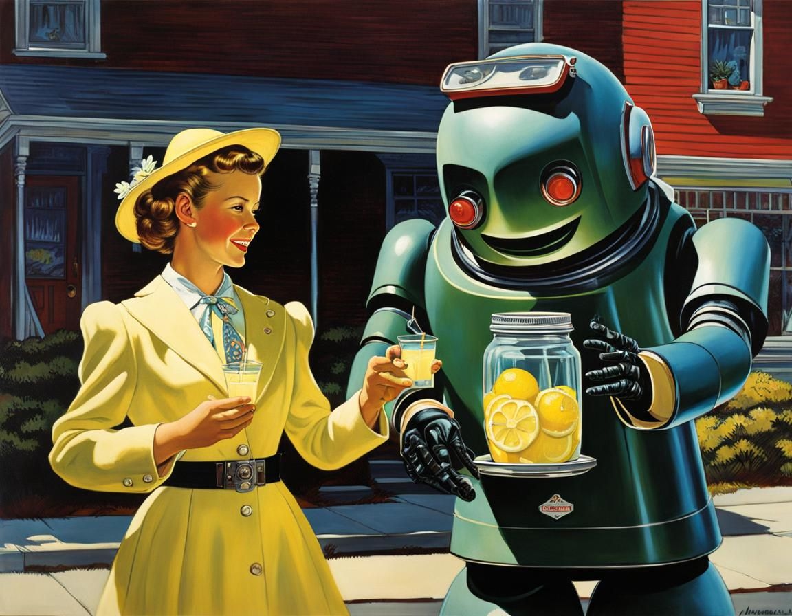 happy suburban android robot selling lemonade in the hood, dynamic ...