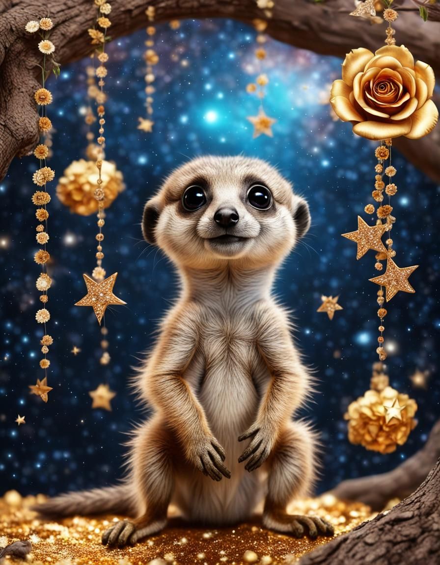 Chibi style of a cute little baby meerkat hanging in a tree, looks ...