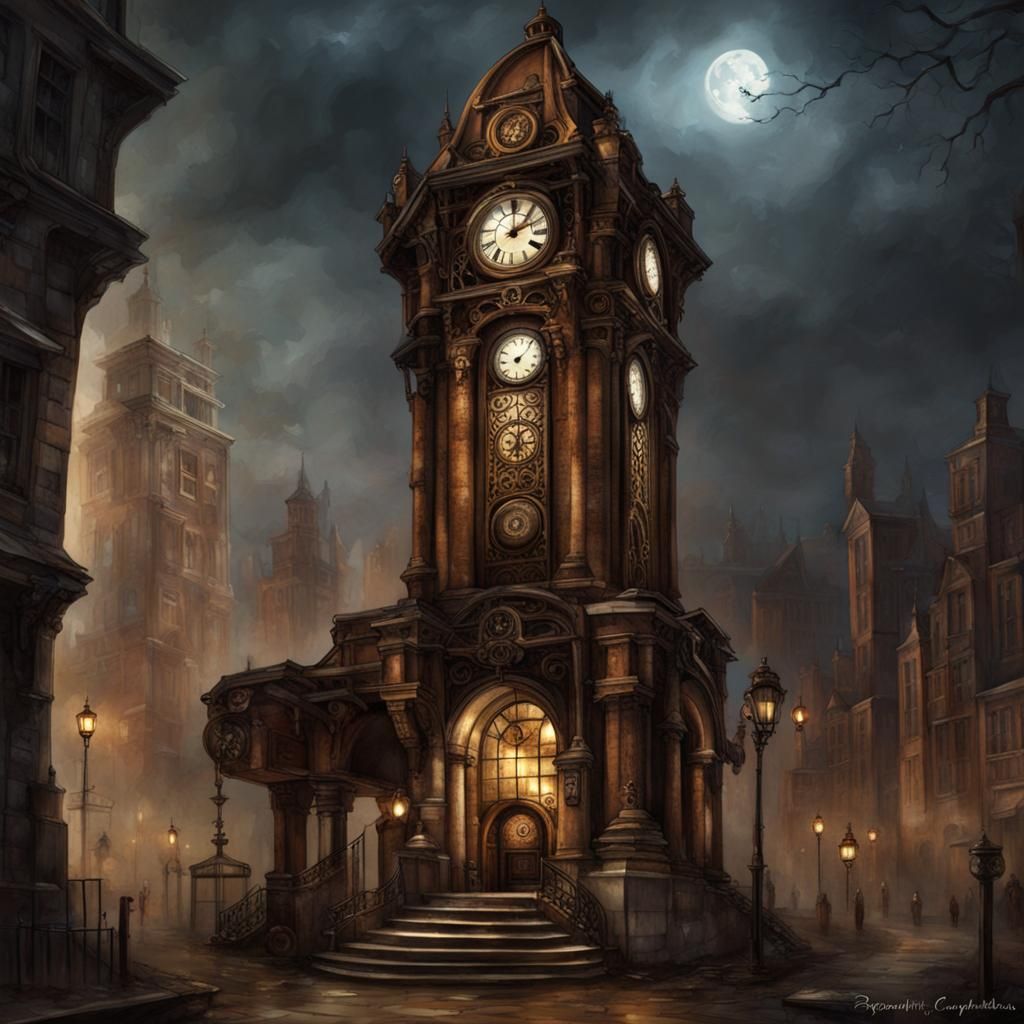 clock tower at time: 12 Midnight | steampunk engine - AI Generated Artwork - NightCafe Creator