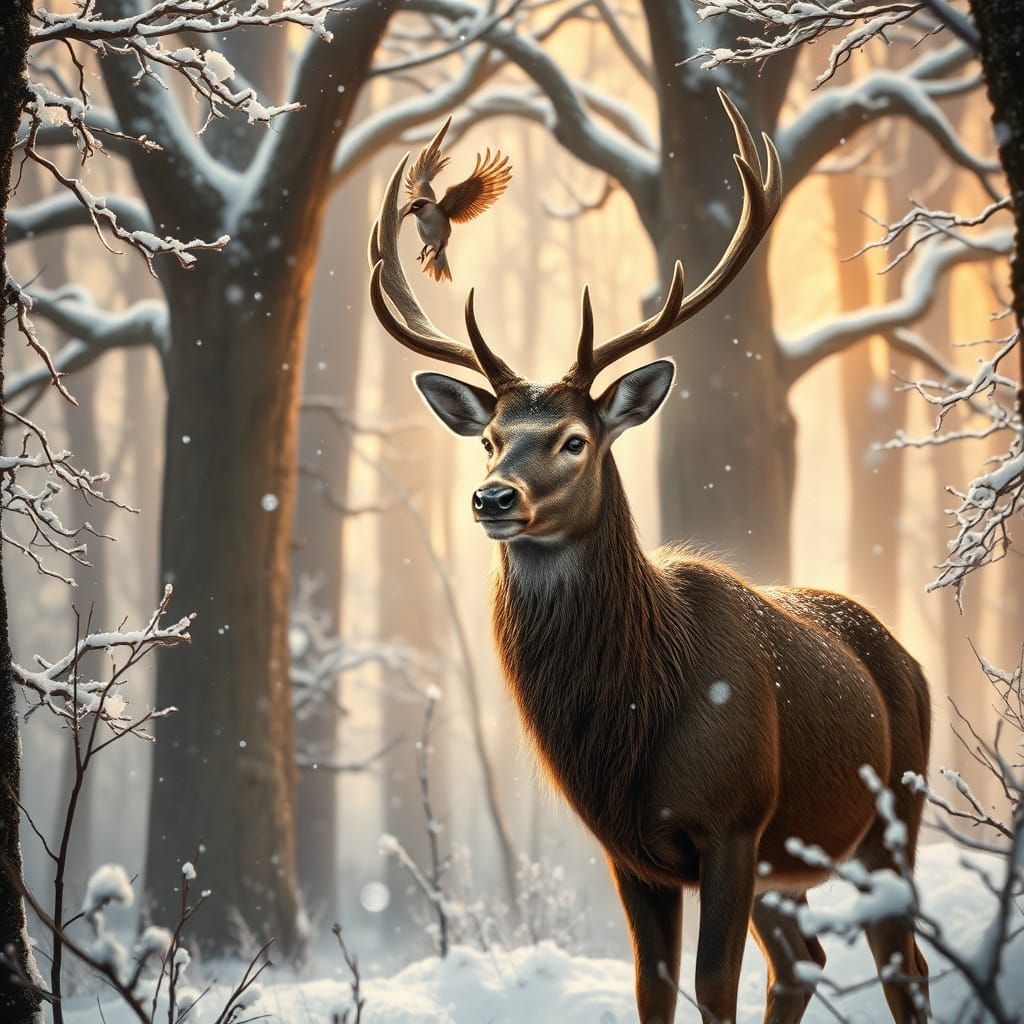 Deer - Ethereal Deer in Snowy Forest, Whimsical Winter Land...