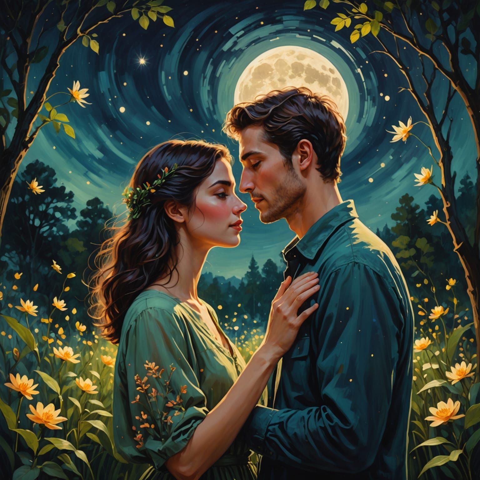 Realistic oil painting. Love portrait. Man and woman standing together ...