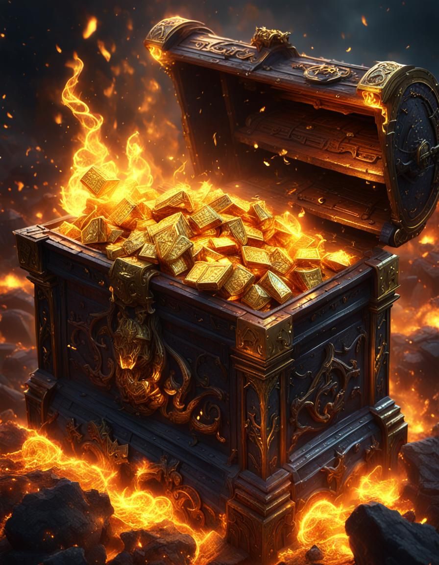 burning chest full of gold - AI Generated Artwork - NightCafe Creator