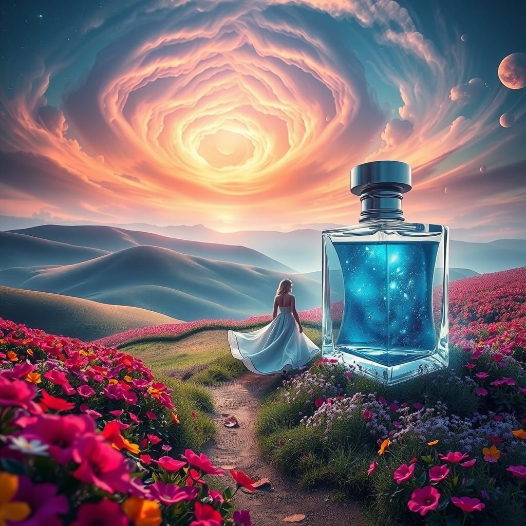 A colossal perfume bottle sits nestled amidst a field of vibrant ...