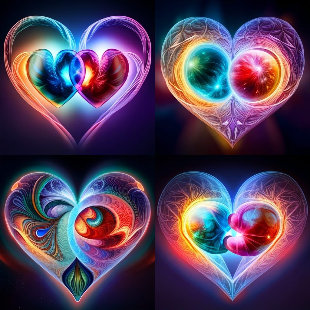 two crystal hearts intertwining in a mixture of energetic lights ...