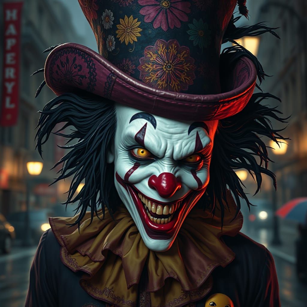 Cyberpunk Clown Emerges from Rainy City Shadows - AI Art