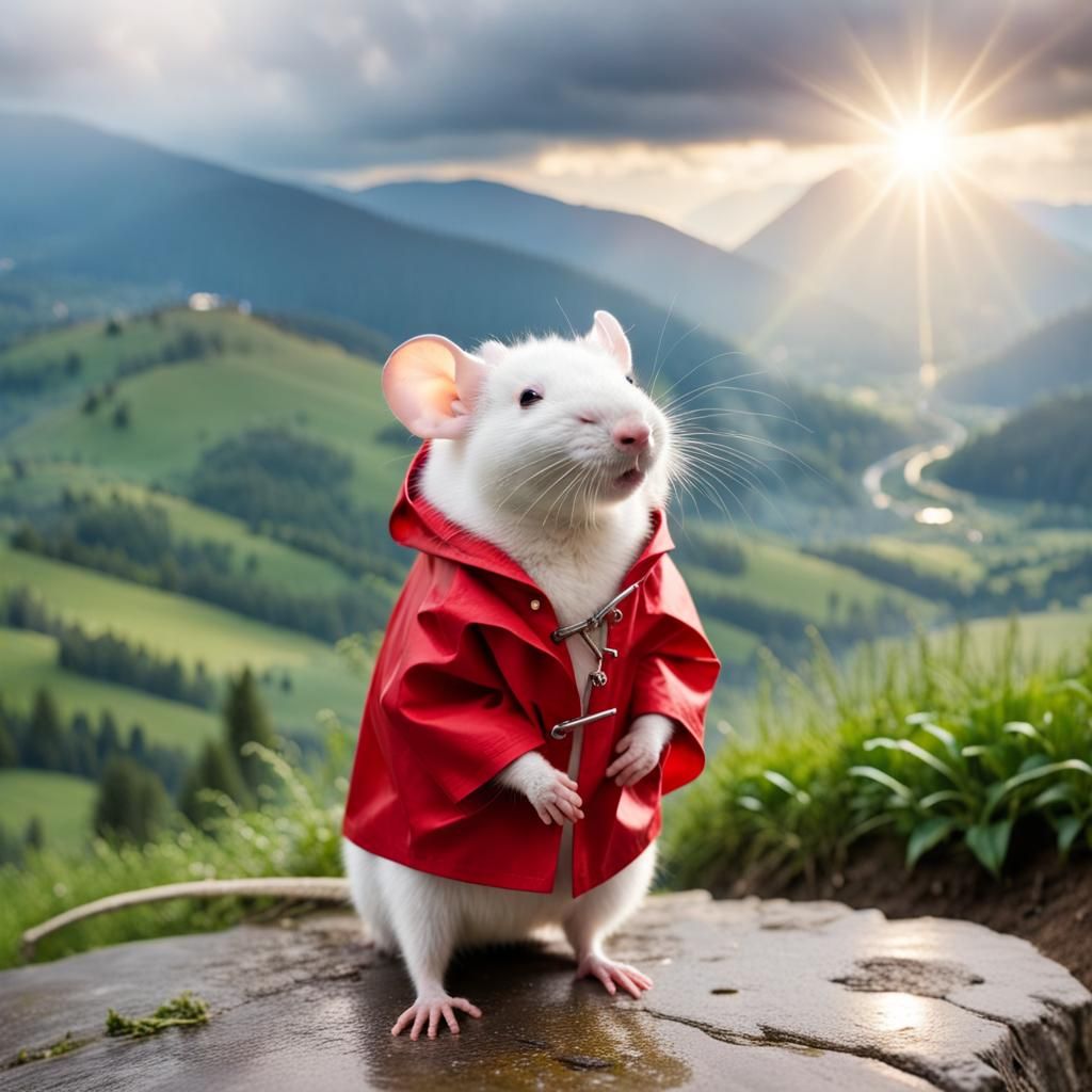 Cute white rat in red raincoat next to the hills - AI Generated Artwork ...