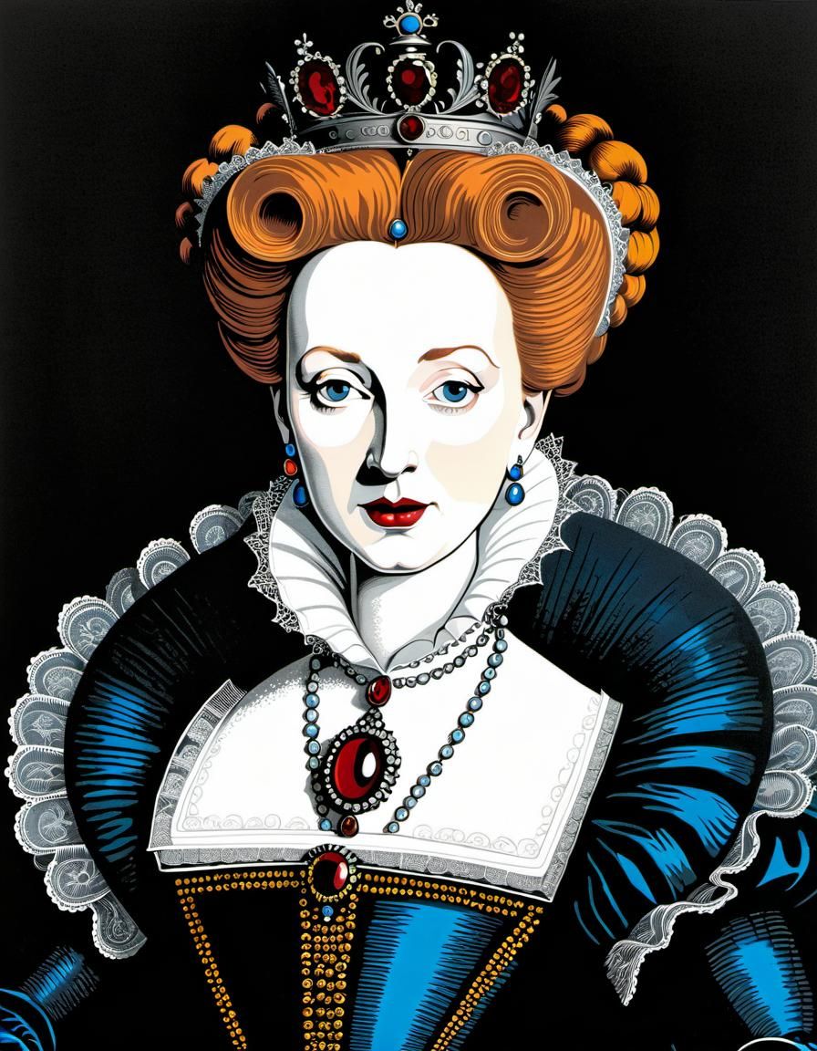 Portrait of Elizabeth I. Lithography. In the style of Gustave Doré and ...