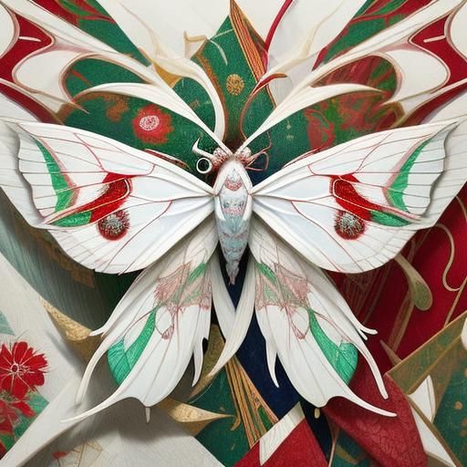 A white silk moth on an Ornate Japanese style silk fabric decorated with white moths - AI ...