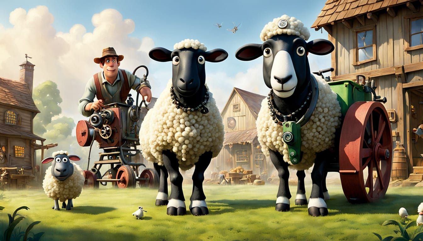 Whimsical Barnyard Scene: Wallace's Mechanical She... - AI Art