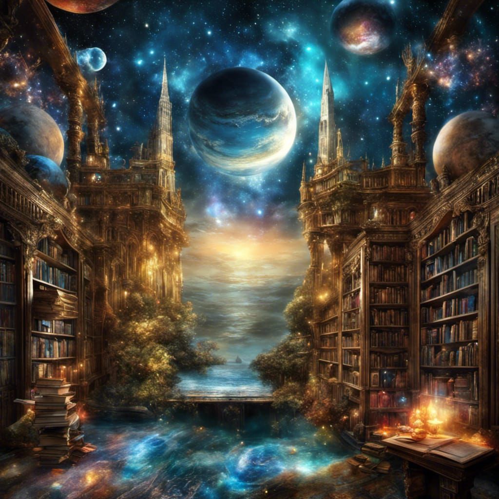 a beautiful fantastical library with magical glittering books ...