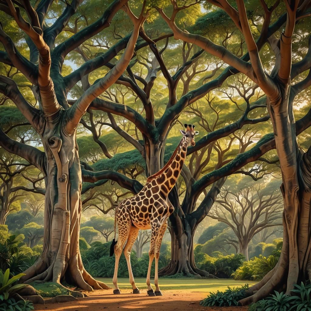 Giraffe Amidst Banyan Cathedral - AI Art