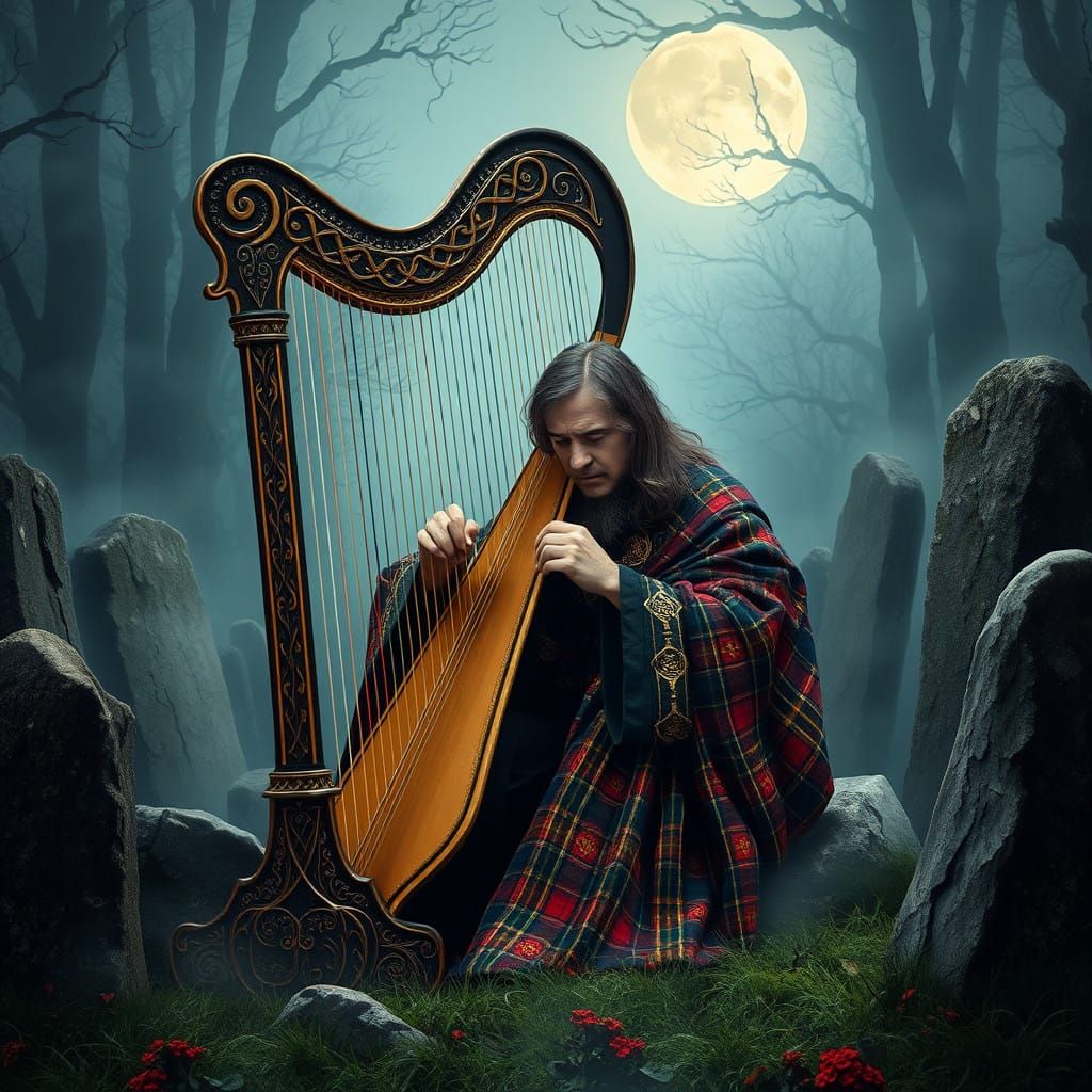 Celtic Bard in Enchanted Moonlit Forest - AI Art