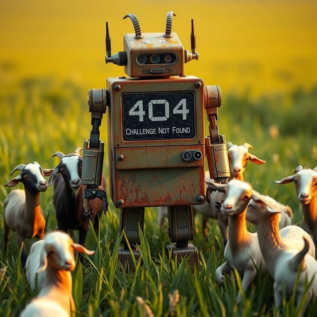 a robot with goats - Rustic Robot Surrounded by Curious Goat...