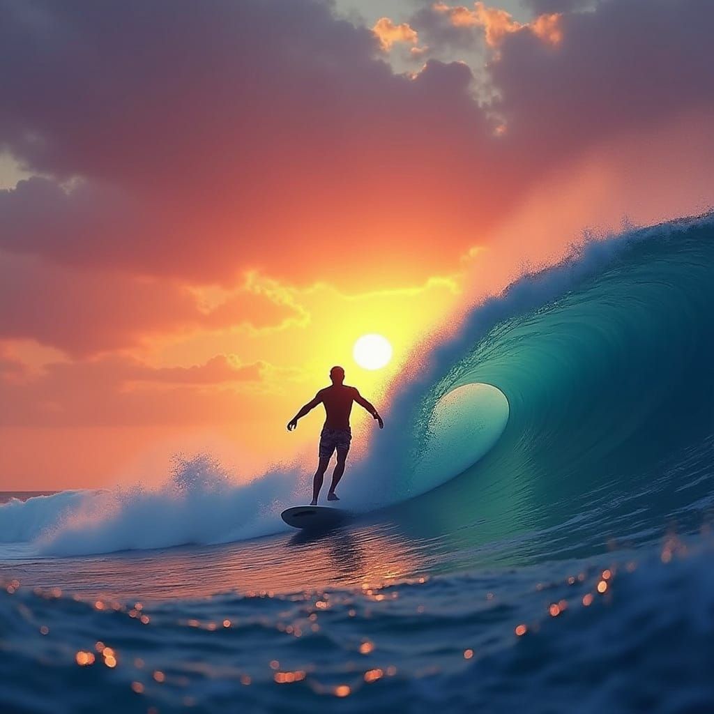 Lone Surfer Rides Wave at Fiery Sunset - AI Art