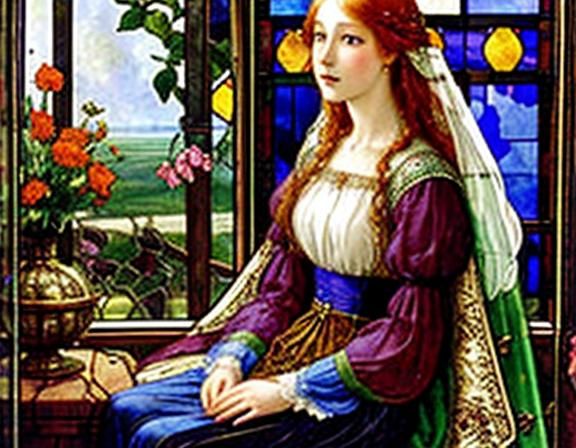 "The Lady of Shalott as described in Tennyson's poem, sitting in her ...