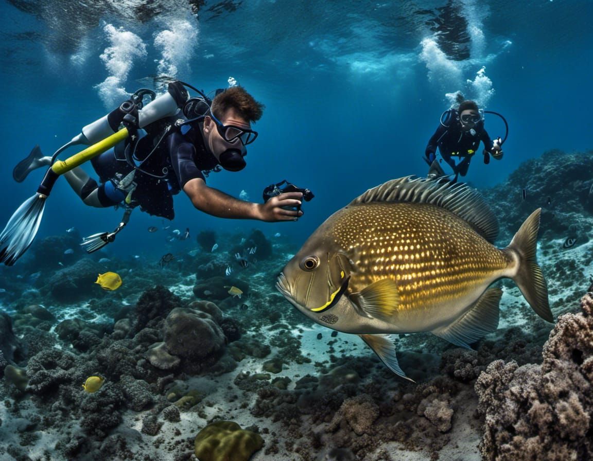 scuba divers with sunfish - AI Generated Artwork - NightCafe Creator