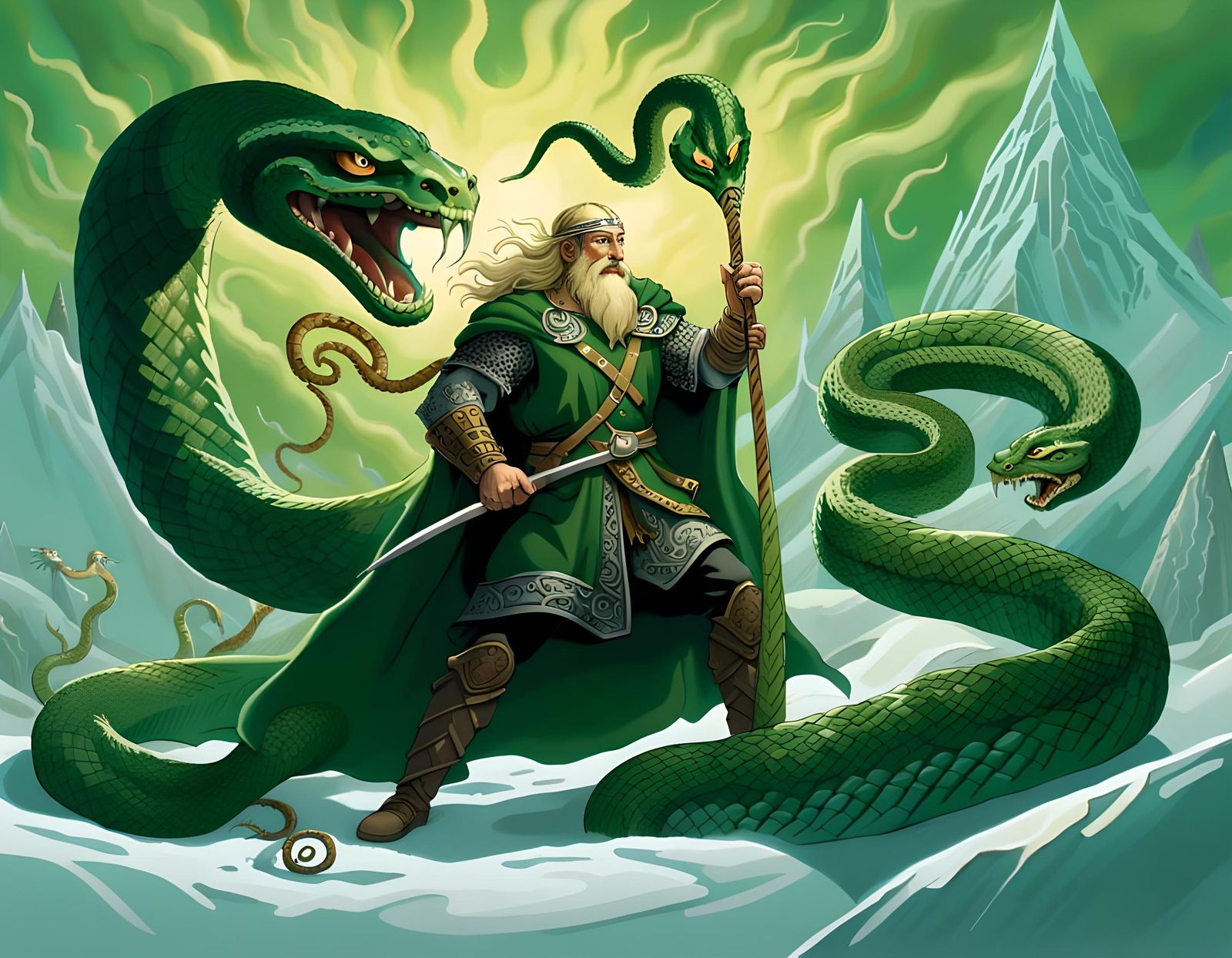 A depiction of the Norse mythology showing a battle scene between the ...