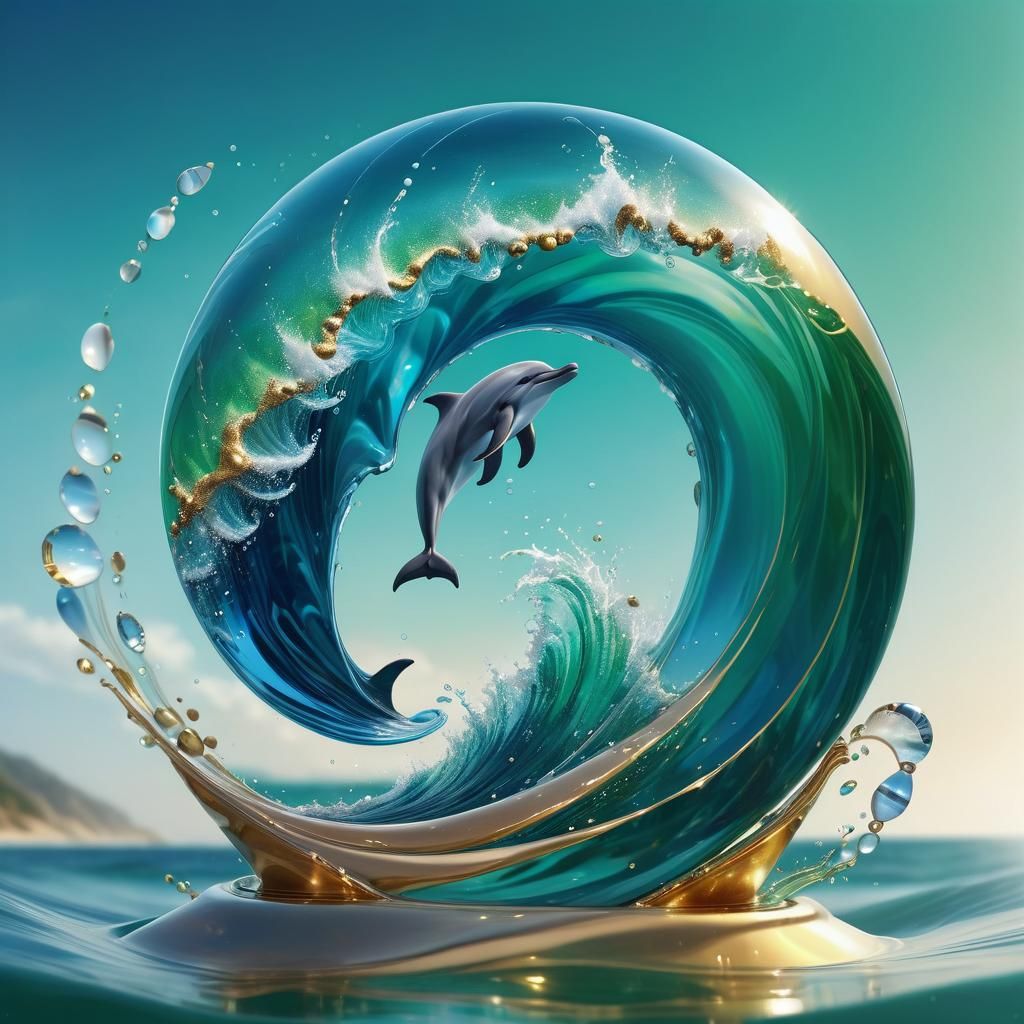 Double exposure : spinning wave oceancore + Dolphin made of gemstones ...