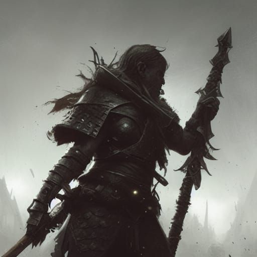 A warrior, wearing dark armour. Holding a heavy mace. Fighting zombies ...