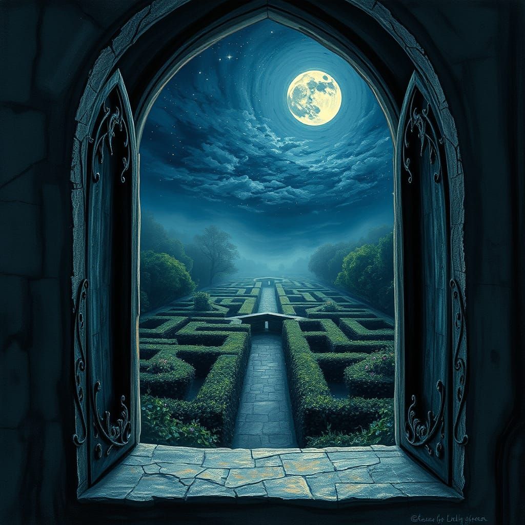 Gothic Castle Window Reveals Mystical Garden Labyr... - AI Art