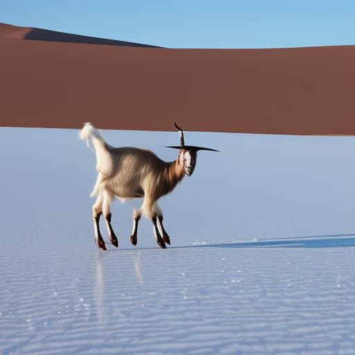 Dali, long legged goat on stilts walking across an icy lake in a hot ...