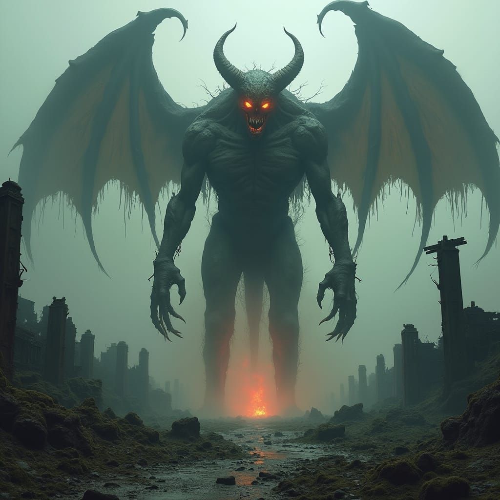 Demon - Grotesque Demon Emerges from Wasteland Ruins in Cybe...