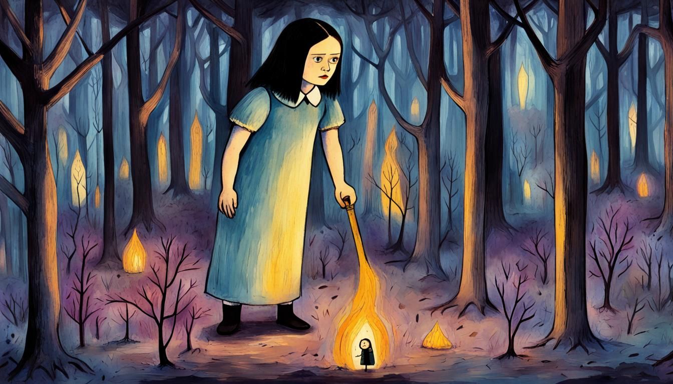 Wednesday Addams talks to demons in the woods. She holds a torch. A ...