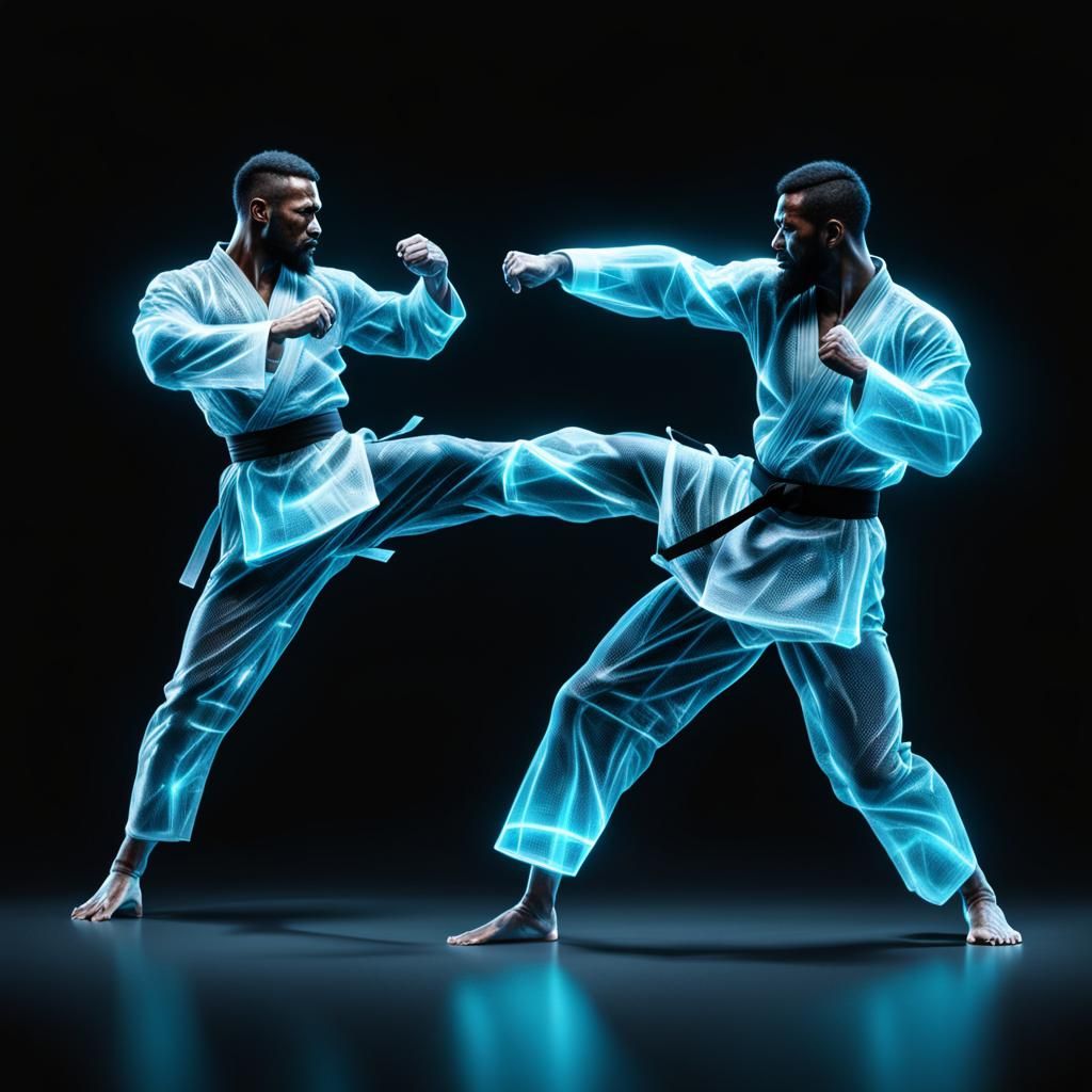 3D Hologram of two martial artist sparing. Fighters in dynamic poses ...