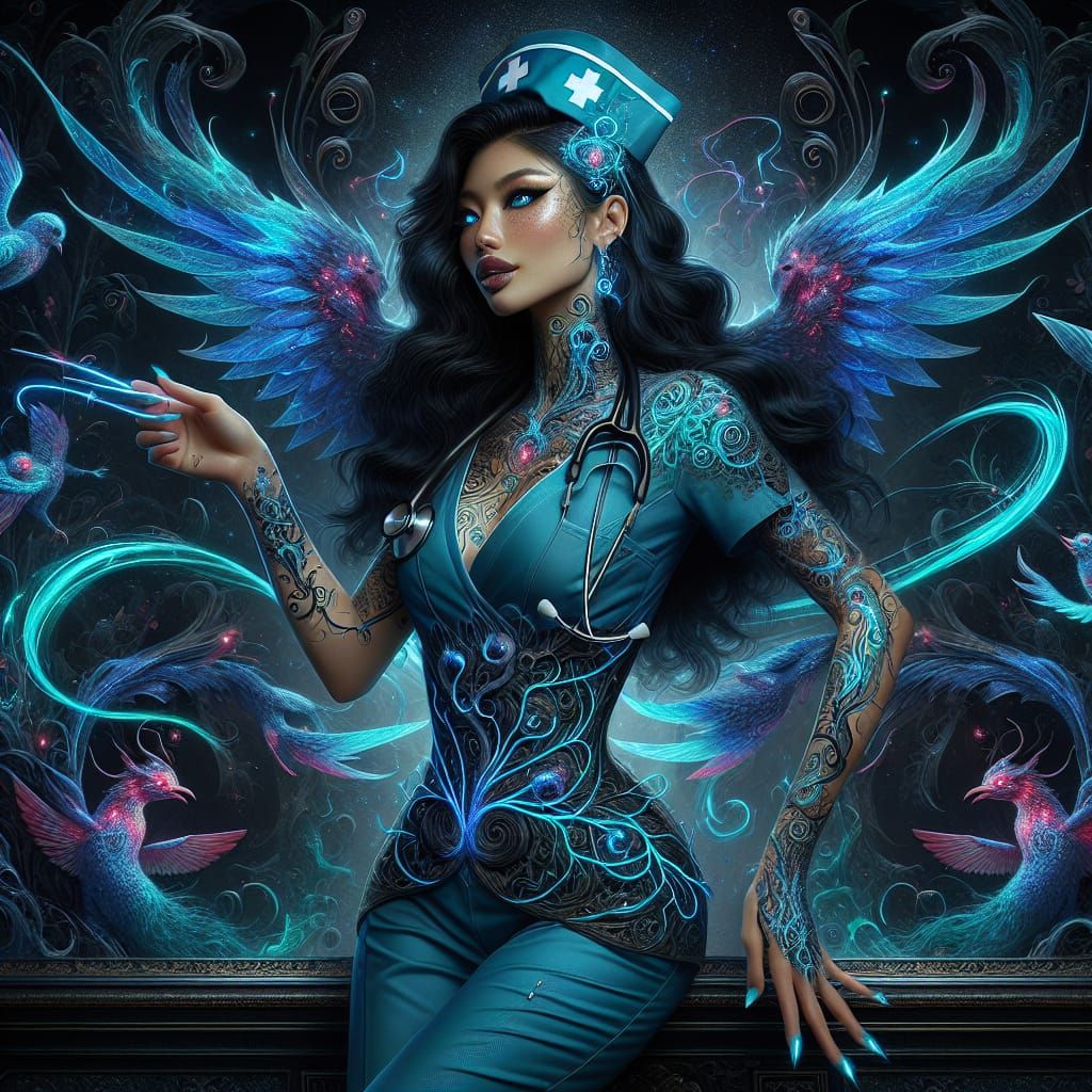 Gothic Nurse in Azure Scrubs, Skintight and Intric... - AI Art
