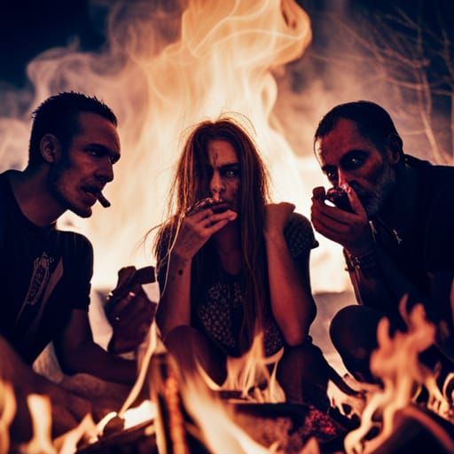 Three vampires drinking blood out of skulls over a nighttime camp fire ...