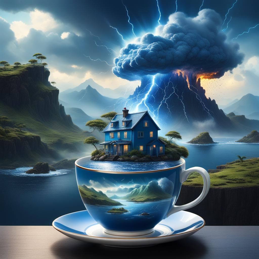 Bolt of lighting hitting a house on a small island sitting in a tea cup ...