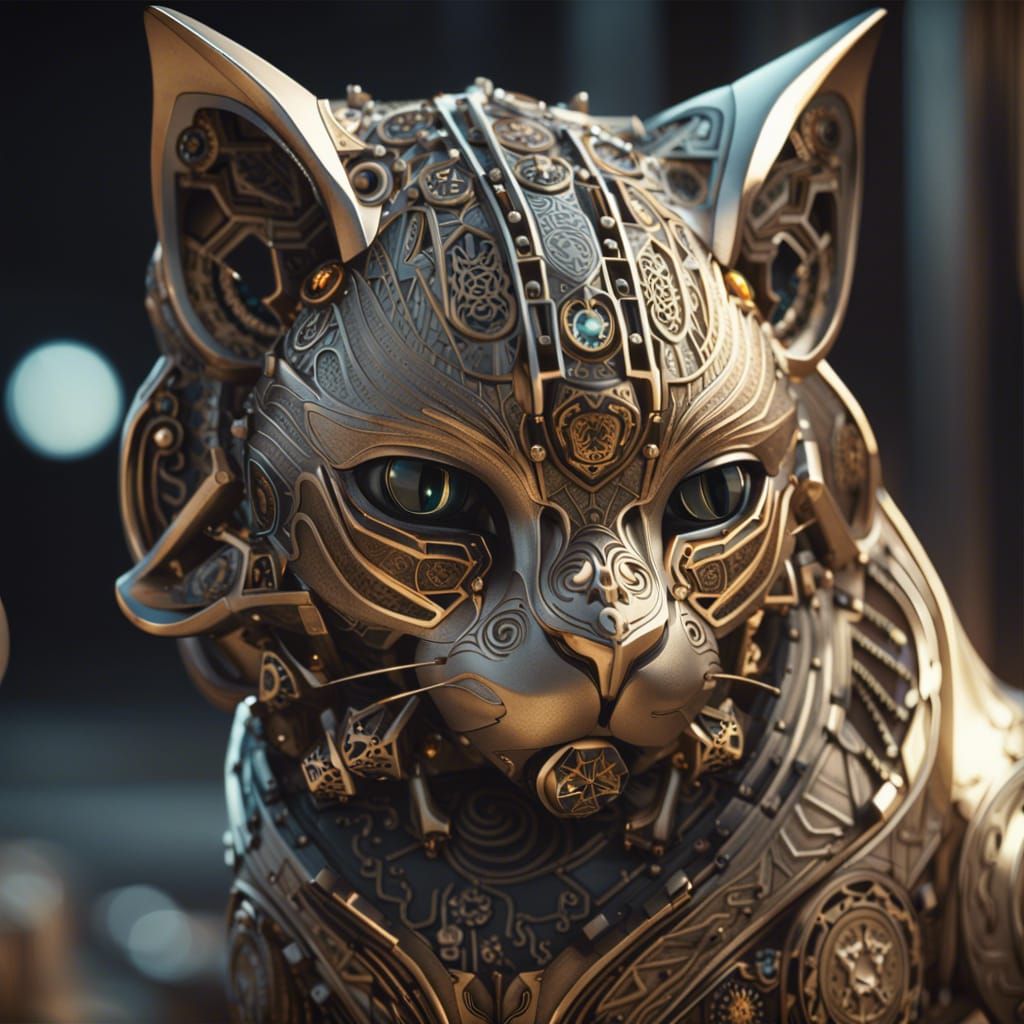 Depict the mythical cat with grace and strength, surrounded by ...