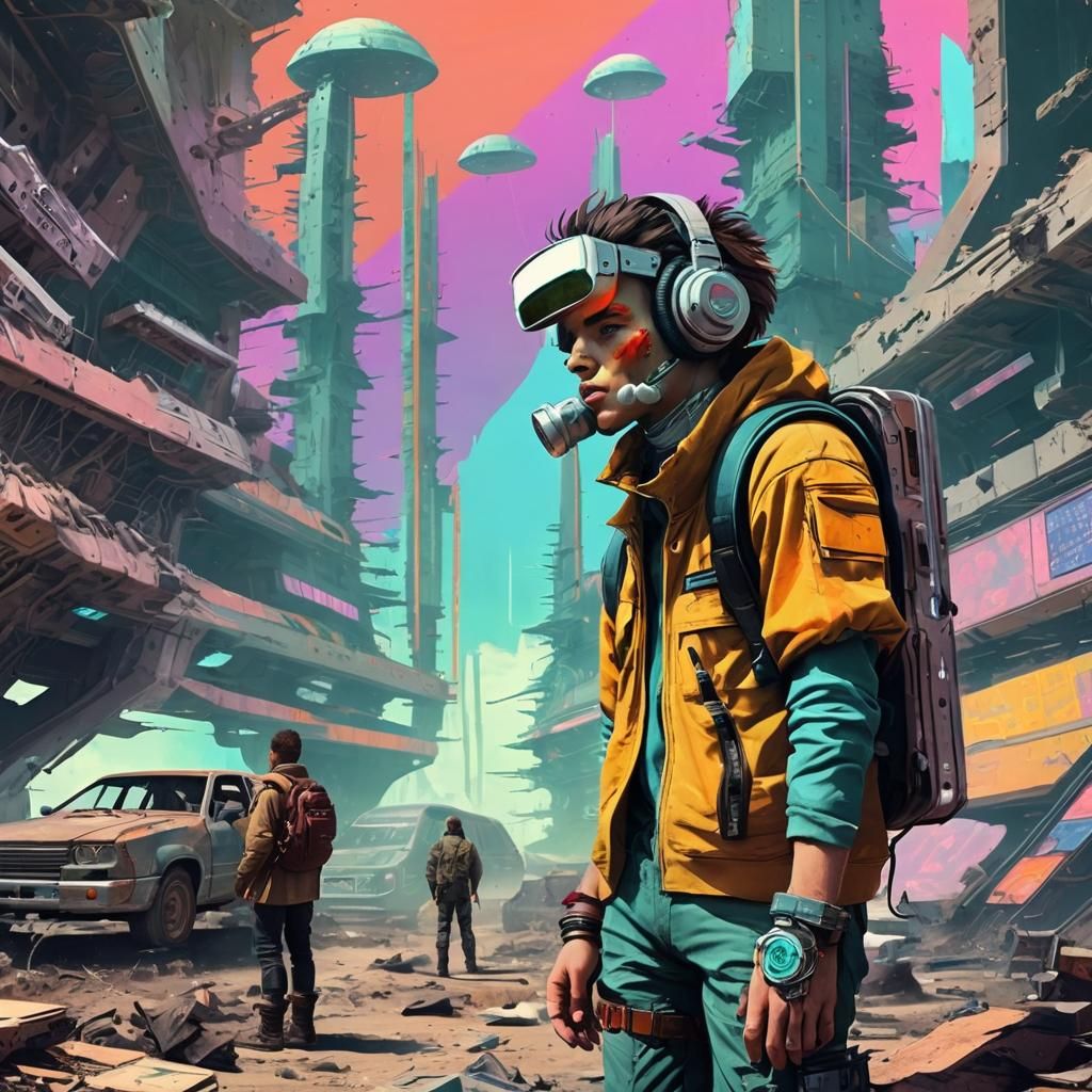 Candid technicolor style post-apocalyptic liminal space type scene with ...