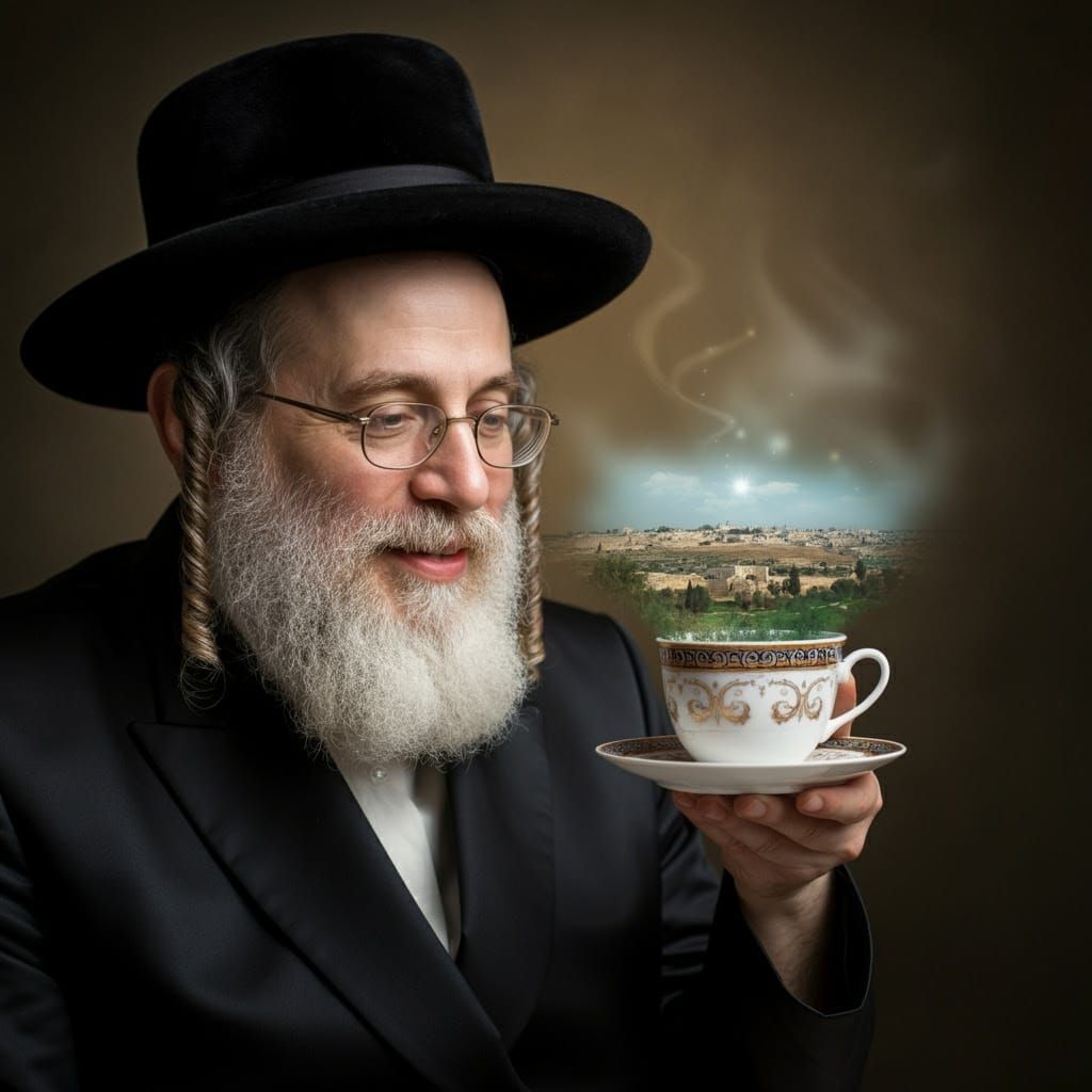 A smart ultra-Orthodox Jew, looking with a smile at his cup of ...