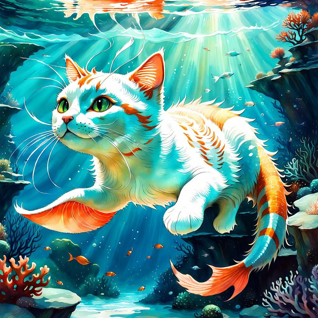 Fantasy Cat Fish swimming underwater - AI Generated Artwork - NightCafe ...