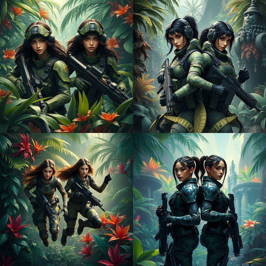 Tropical Jungle Combat Armor Twins in Sci-Fi Camou... - AI Art