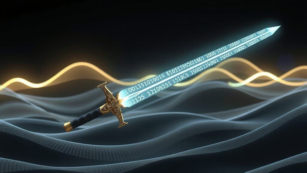 Glowing Binary Sword in Ethereal Digital Landscape - AI Art